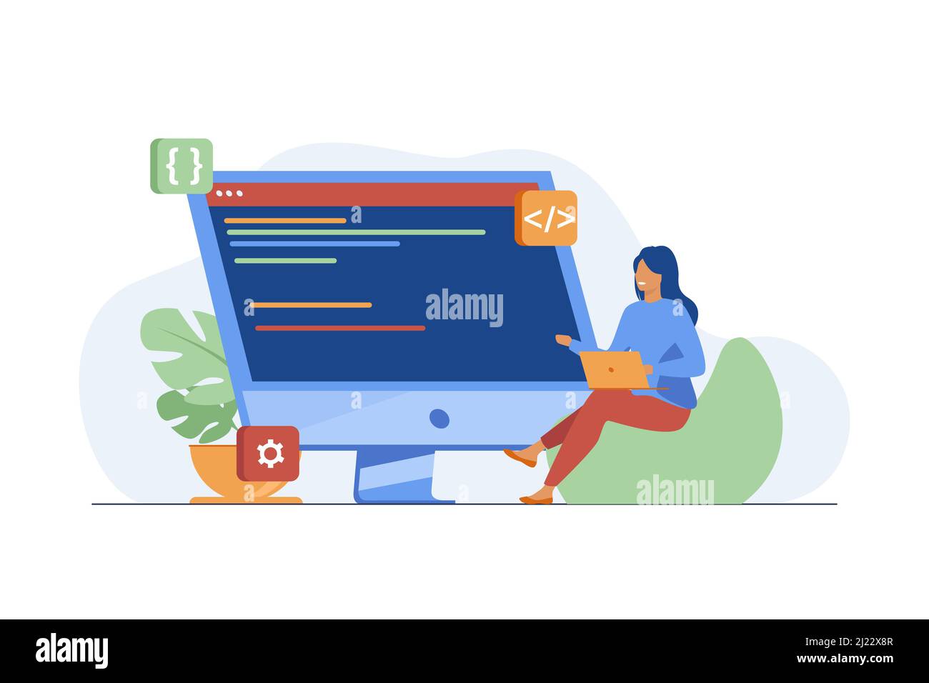 Young tiny girl sitting and coding via laptop. Computer, programmer ...