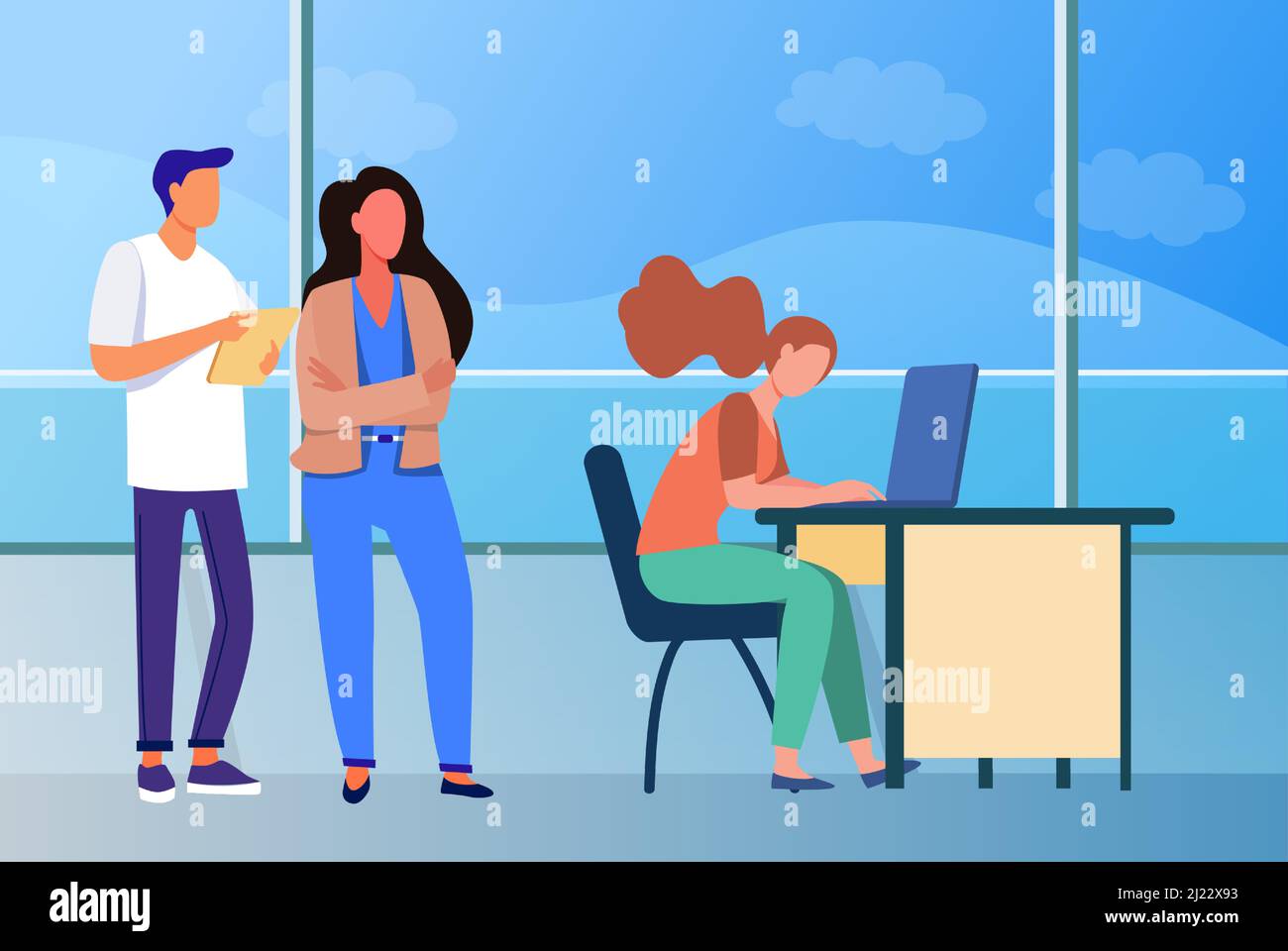 People standing in line to use laptop computer. Window, desk, job flat ...