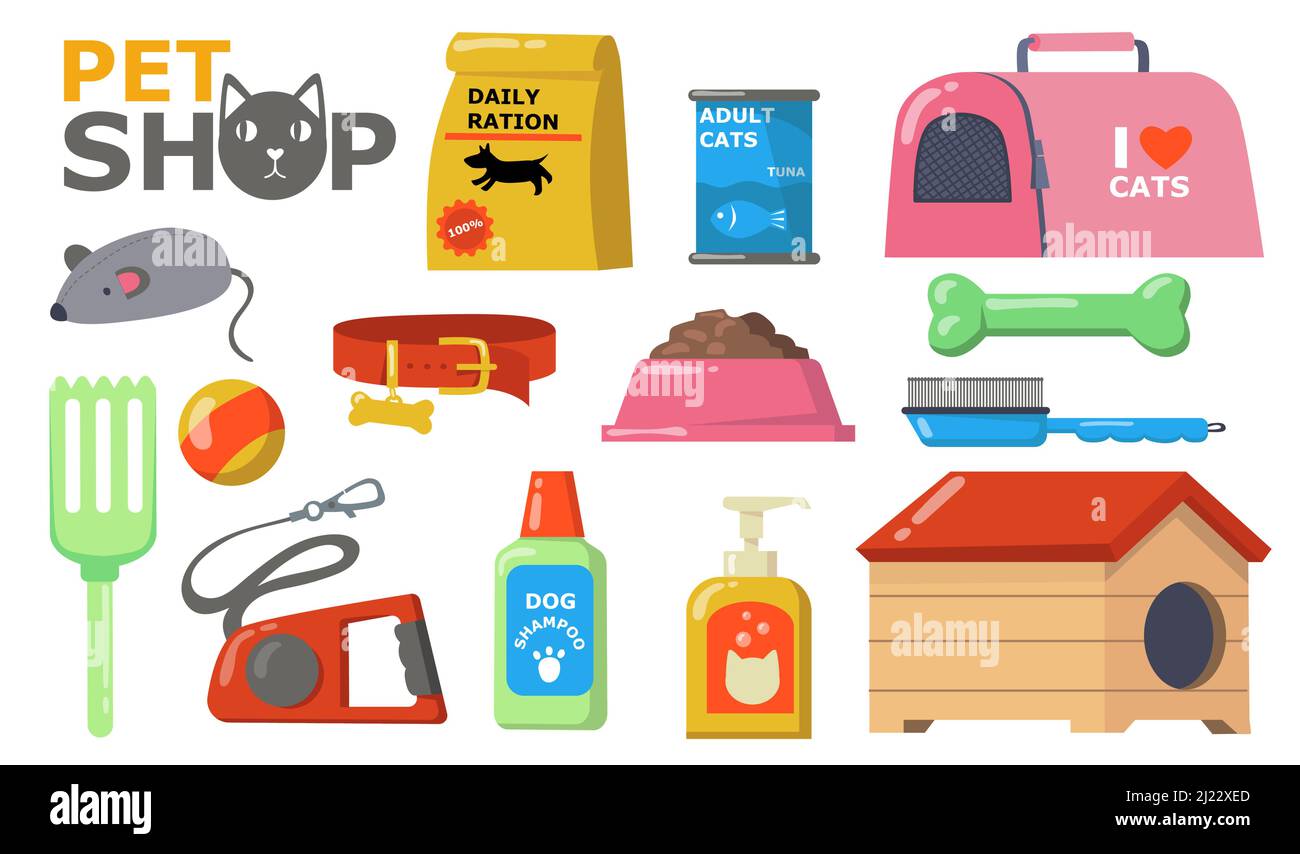 Pets supplies wet. Food and accessories for cats and dogs care, bowl ...