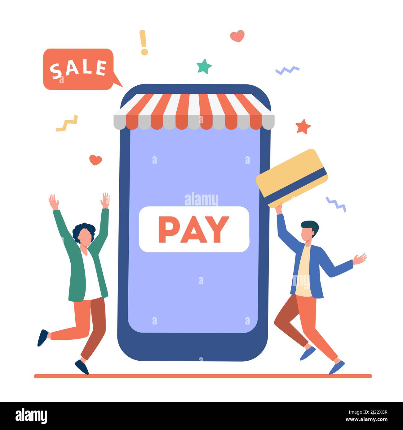 Tiny young guys paying with plastic card via mobile app. Smartphone ...