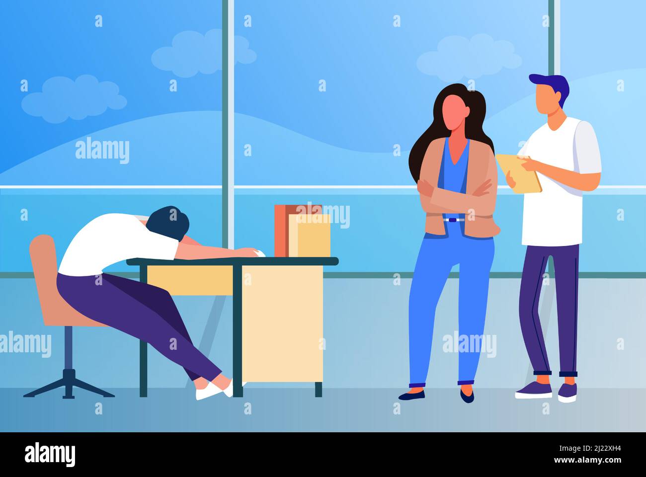 Two office workers looking at sleepy colleagues. Exhausted employee ...