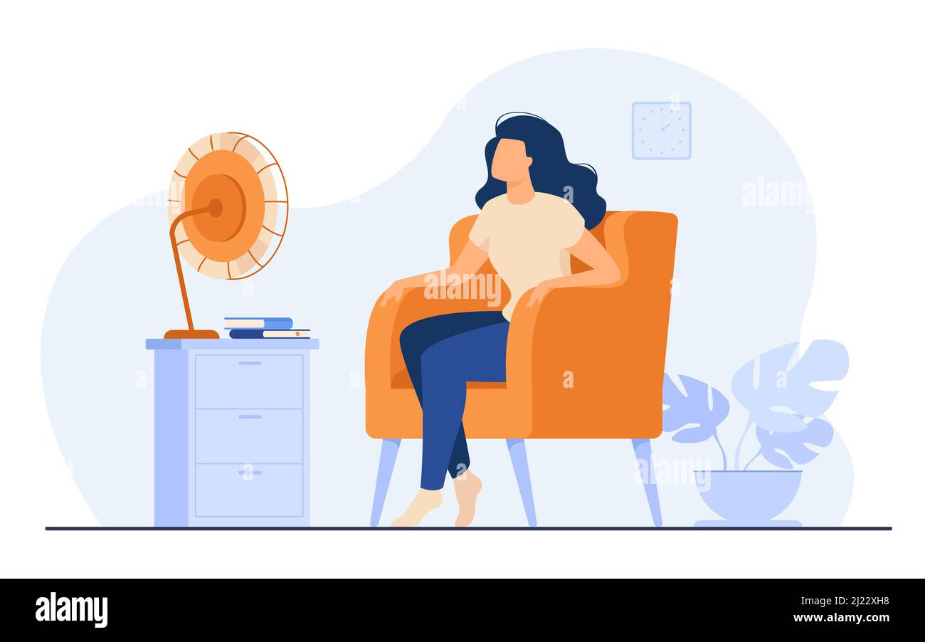 Woman conditioning air at home, feeling hot, trying to cool and sitting ...