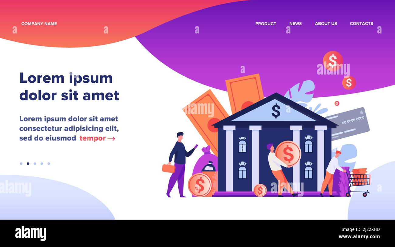 People with money walking to bank building. Queue of characters ...