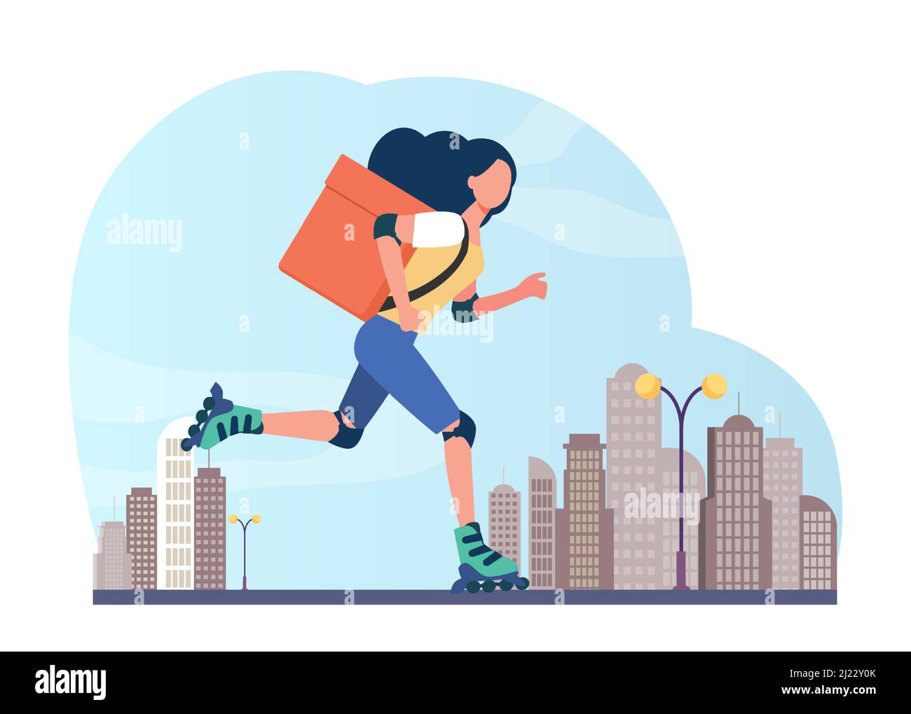 Young female courier on roller delivering food. Box, speed, parcel flat ...
