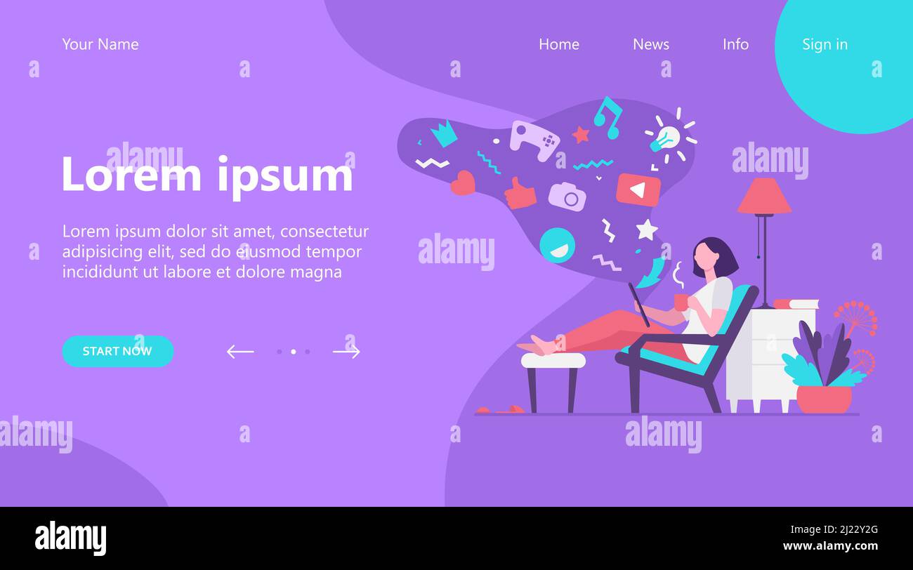 Social media addicted woman. Cartoon character relaxing at home, using ...