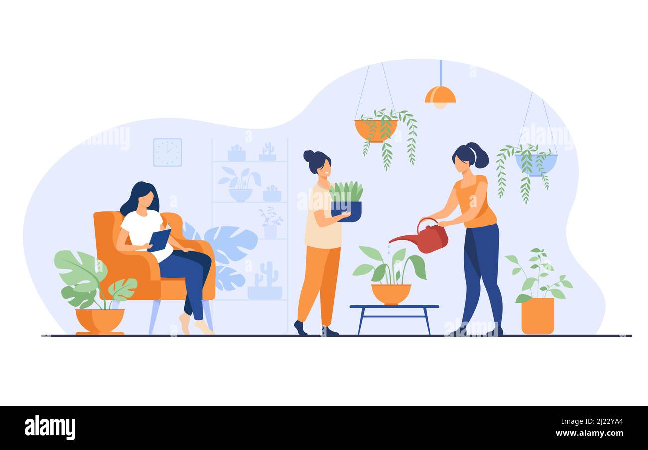 Smiling girls in greenhouse growing plants in pots isolated flat vector ...