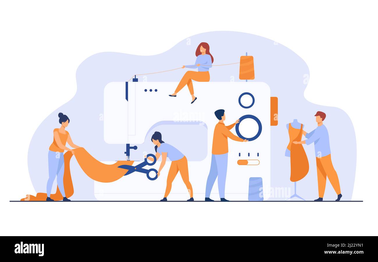 Tiny tailors creating outfit and apparel on sewing machine flat vector ...