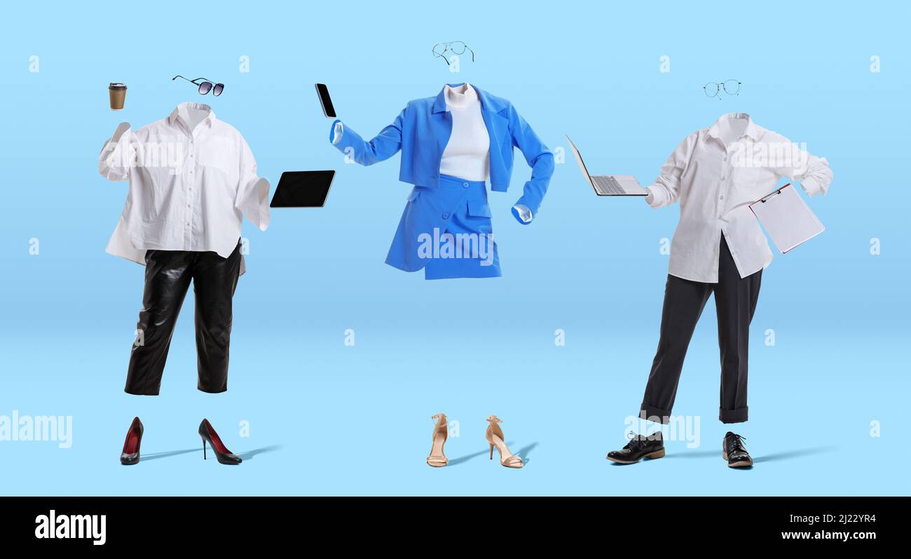 Three stylish invisible persons wearing modern business style outfits ...