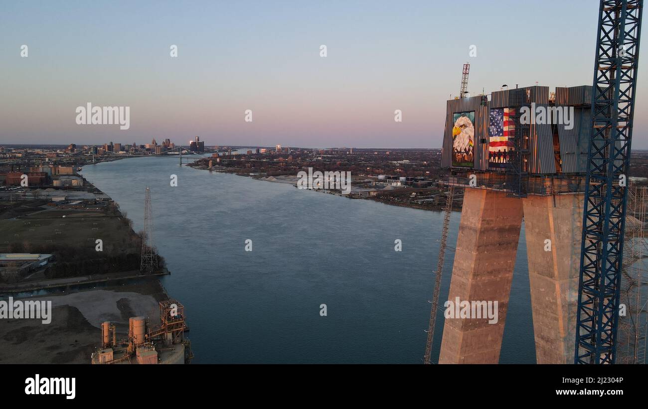 An aerial high angle view of the Gordie Howe International Bridge site ...