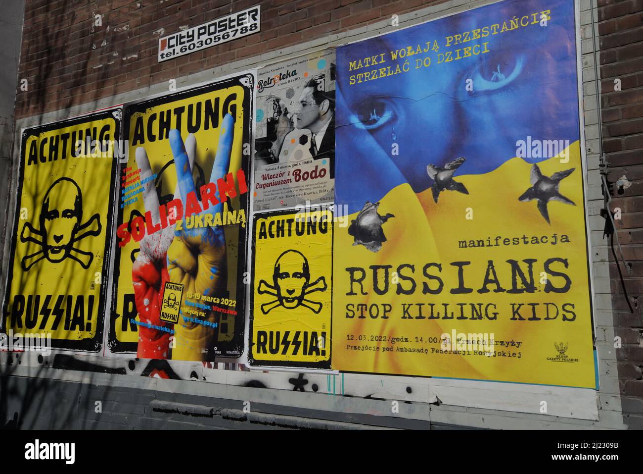 A view of support and anti-Putin signs and banners on the wall in the ...