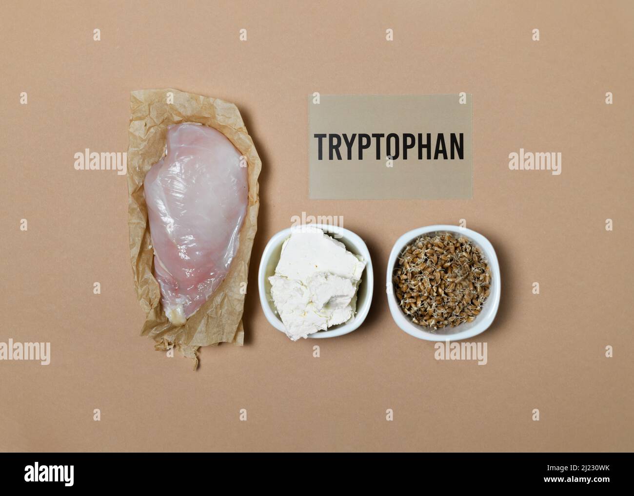 Tryptophan rich foods. Natural sources of tryptophan are chicken fillet ...