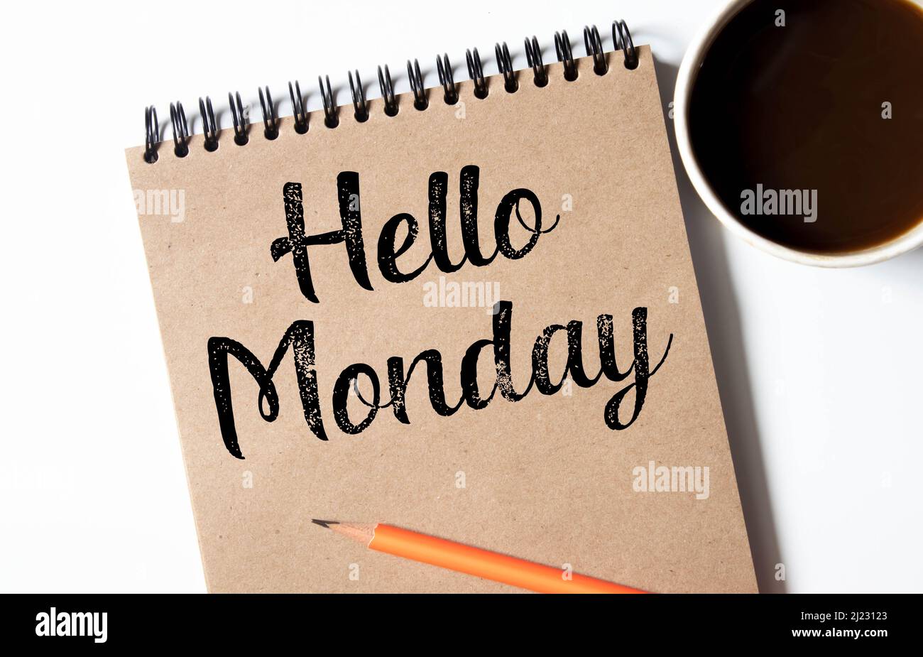 Hello Monday card with cup of coffee Stock Photo - Alamy