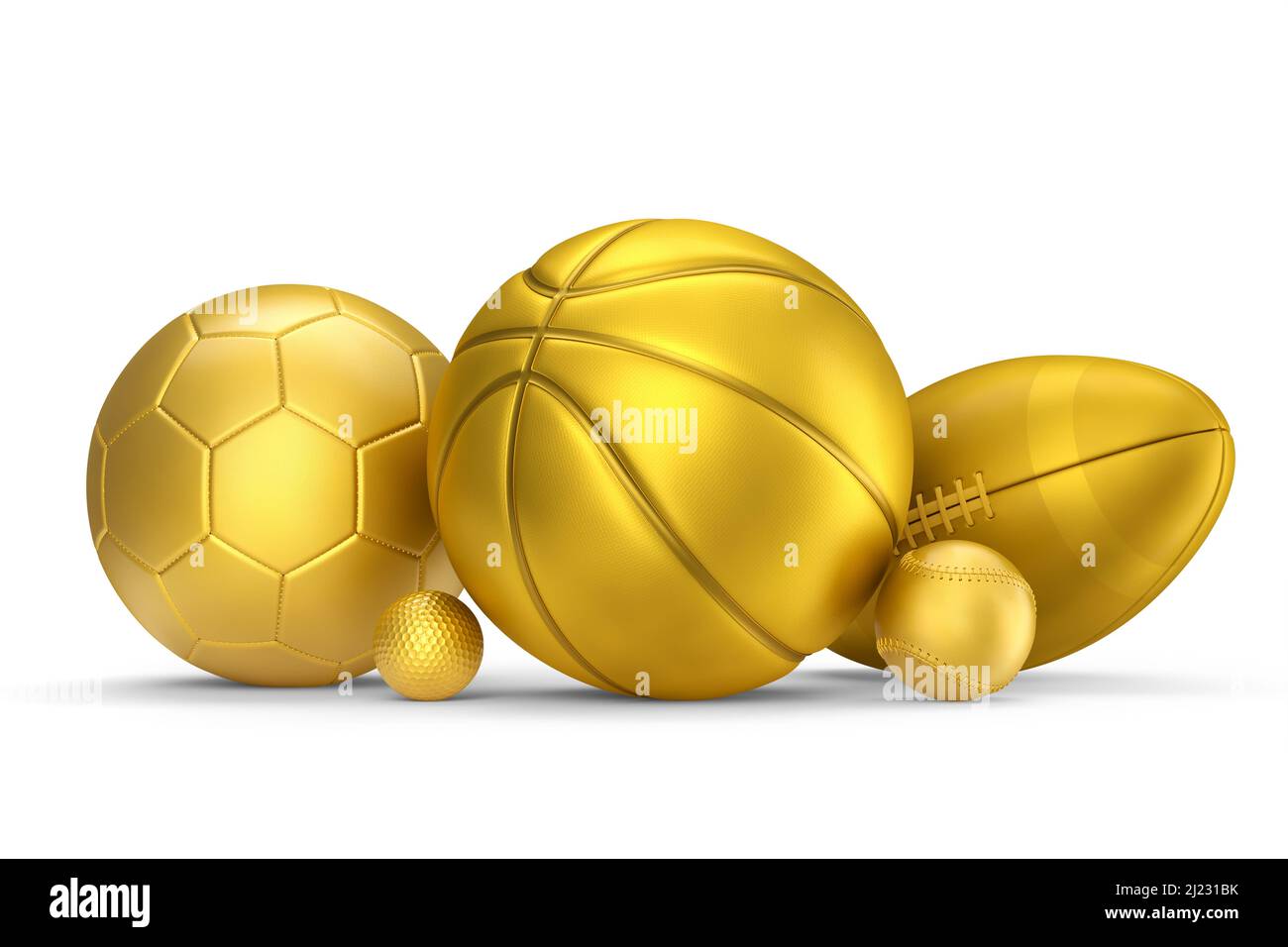 Set of gold ball like basketball, american football and golf isolated ...