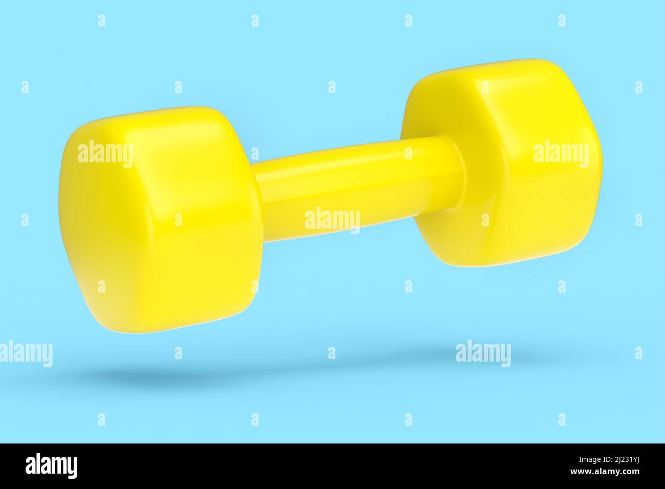 Rubber yellow dumbbell isolated on blue background. 3d rendering of ...