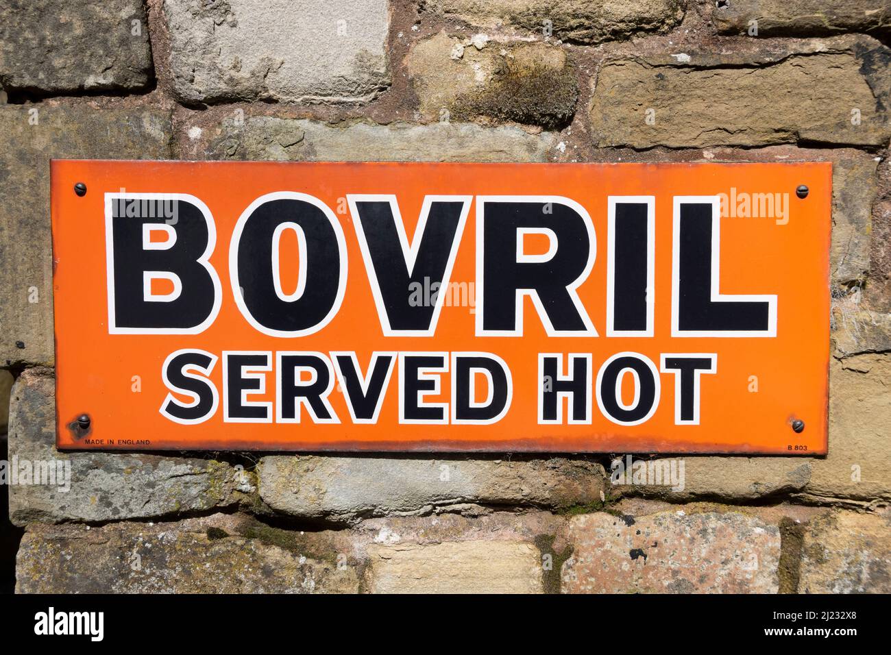 Derbyshire, UK – 5 April 2018: Bovril served hot a vintage cafe sign ...