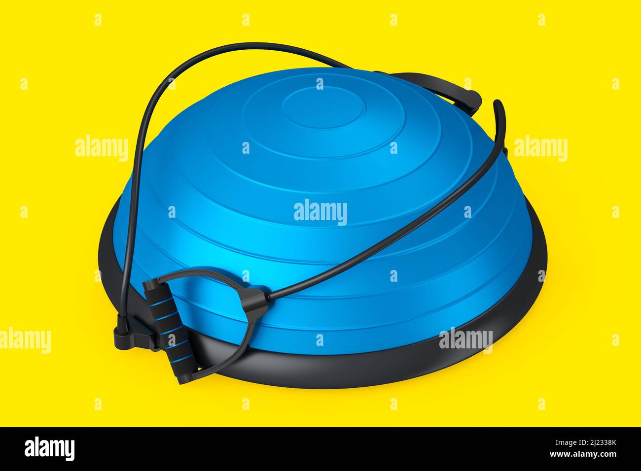 Blue fitness ball with hand expander isolated yellow background. 3d ...