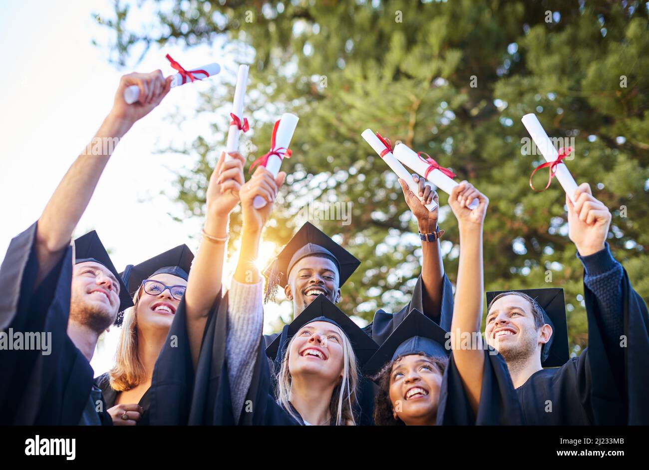 Our hard work paid off. Shot of a group of graduates holding their ...