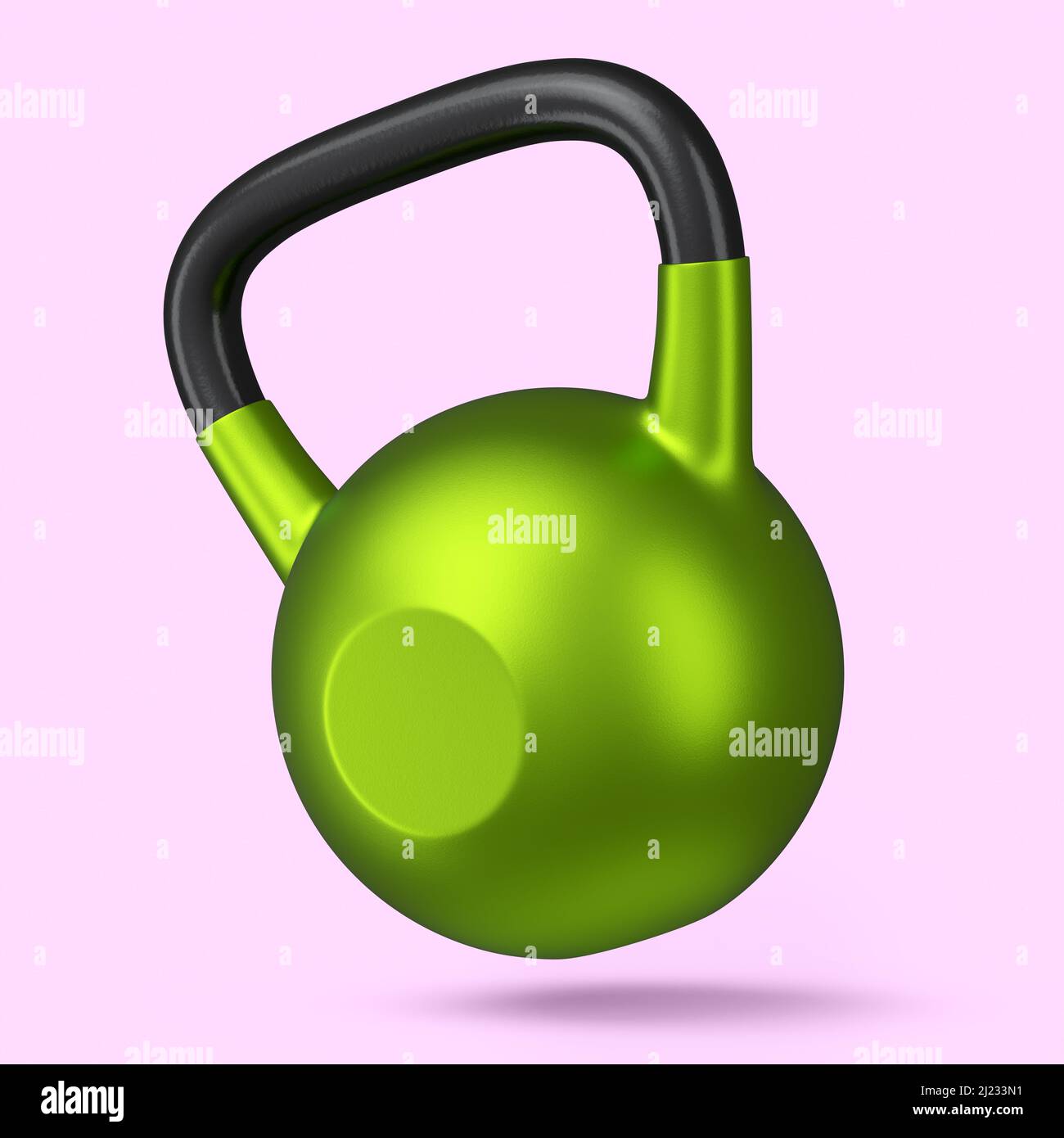 Heavy gym green kettlebell for workout isolated on pink background. 3d ...
