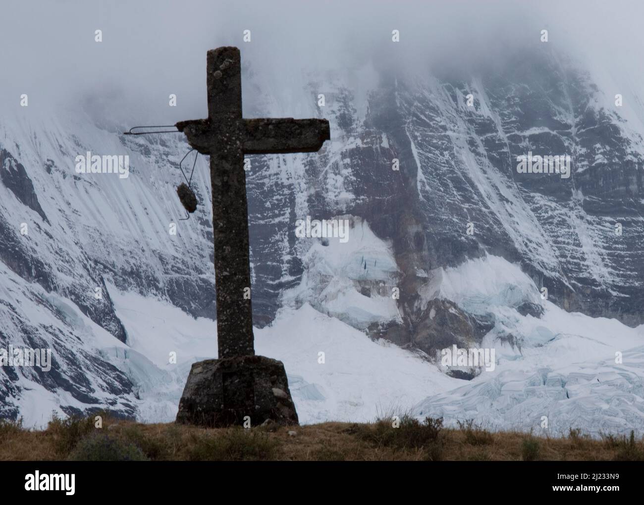 Broken cross below Jirishanca, Cordillera Huayhuash, Peru Stock Photo ...