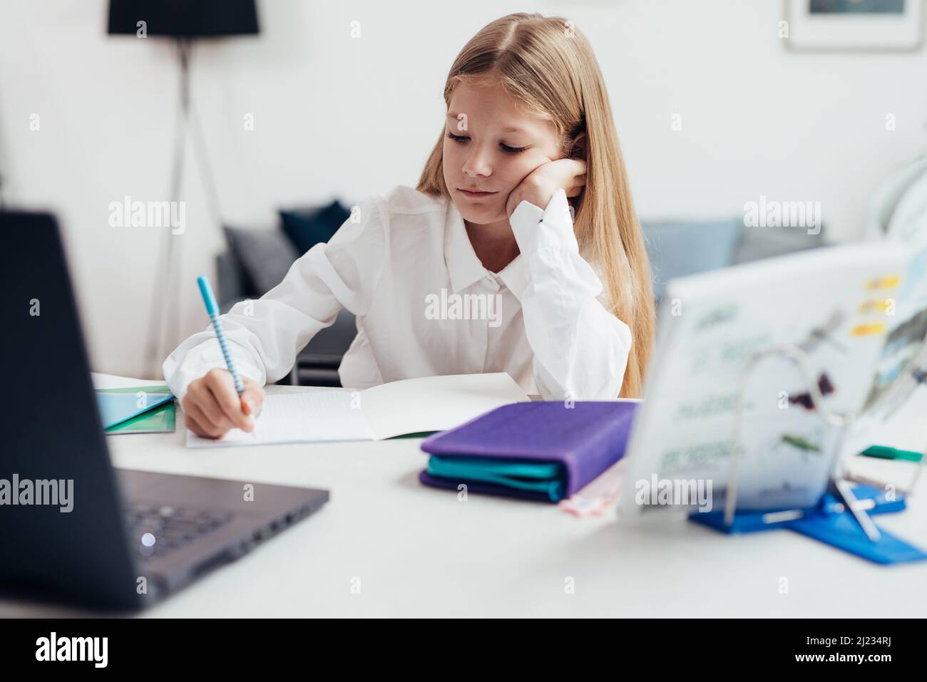 Girl is doing her homework, writing in her notebook Stock Photo - Alamy
