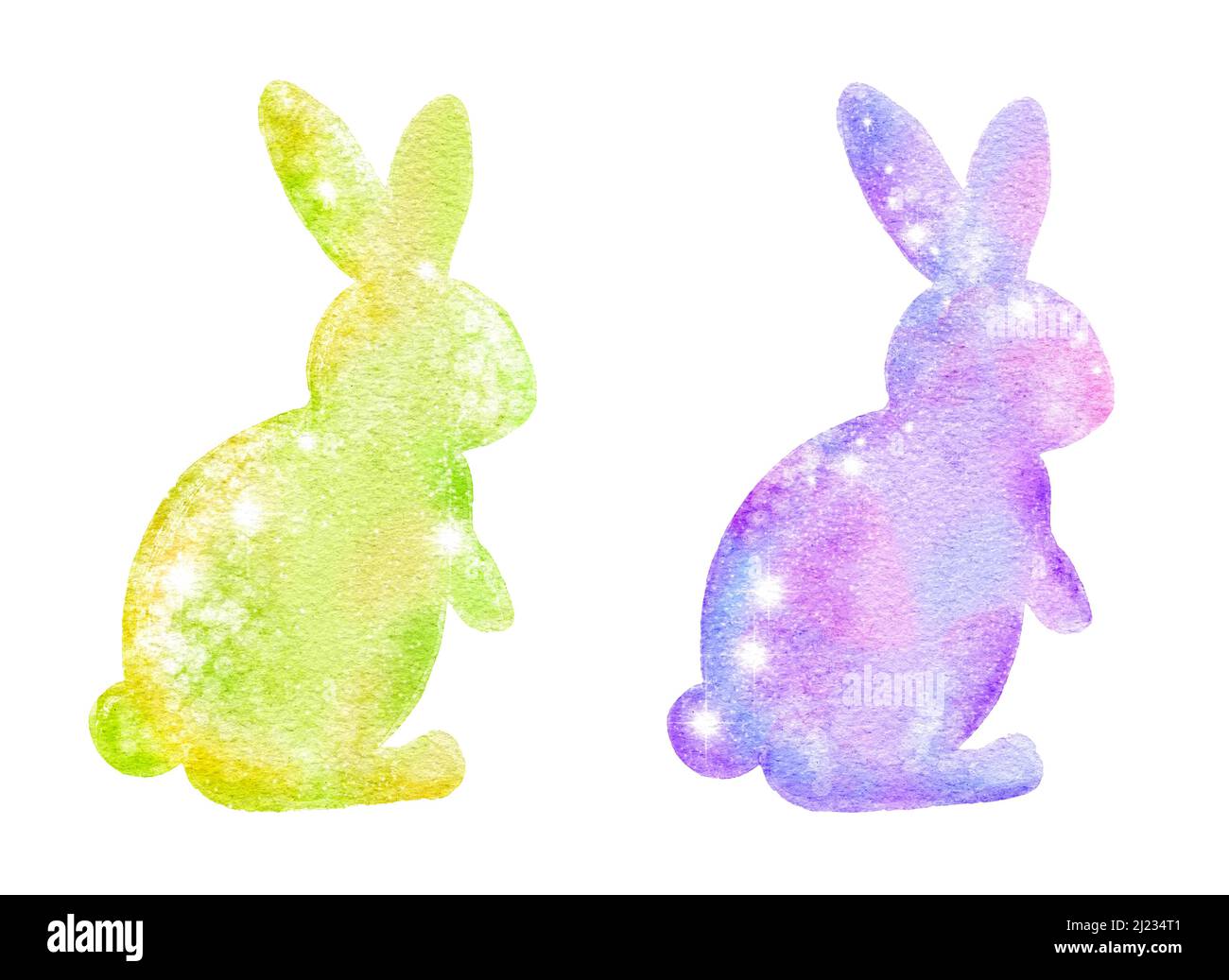 Watercolor Easter bunnies rabbits with shiny shimmering glitter texture ...