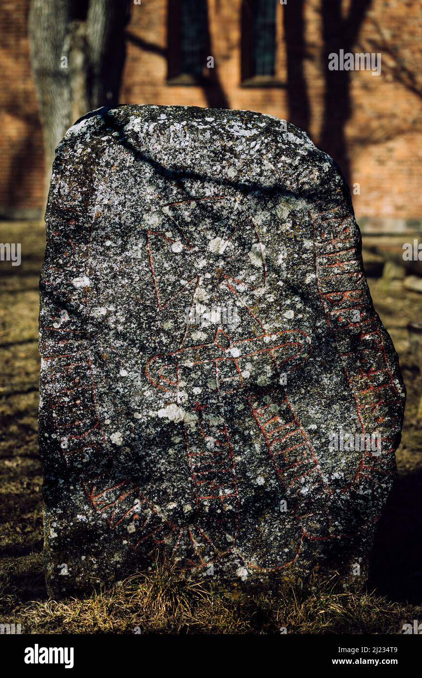 The Viking age runestone close up shot Stock Photo - Alamy