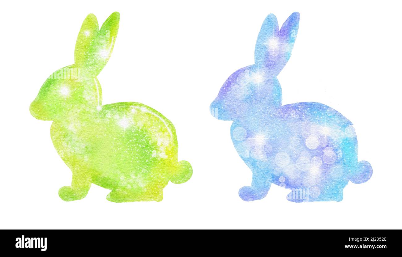 Watercolor Easter bunnies rabbits with shiny shimmering glitter texture ...