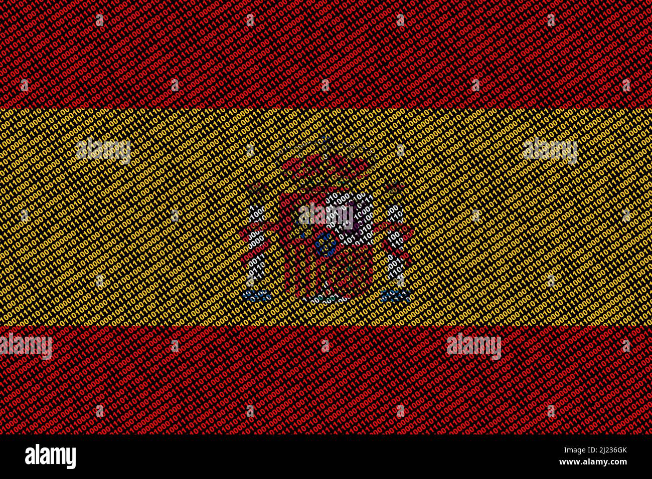 Hacker Spain. Digital flag of Spain and a binary background ...