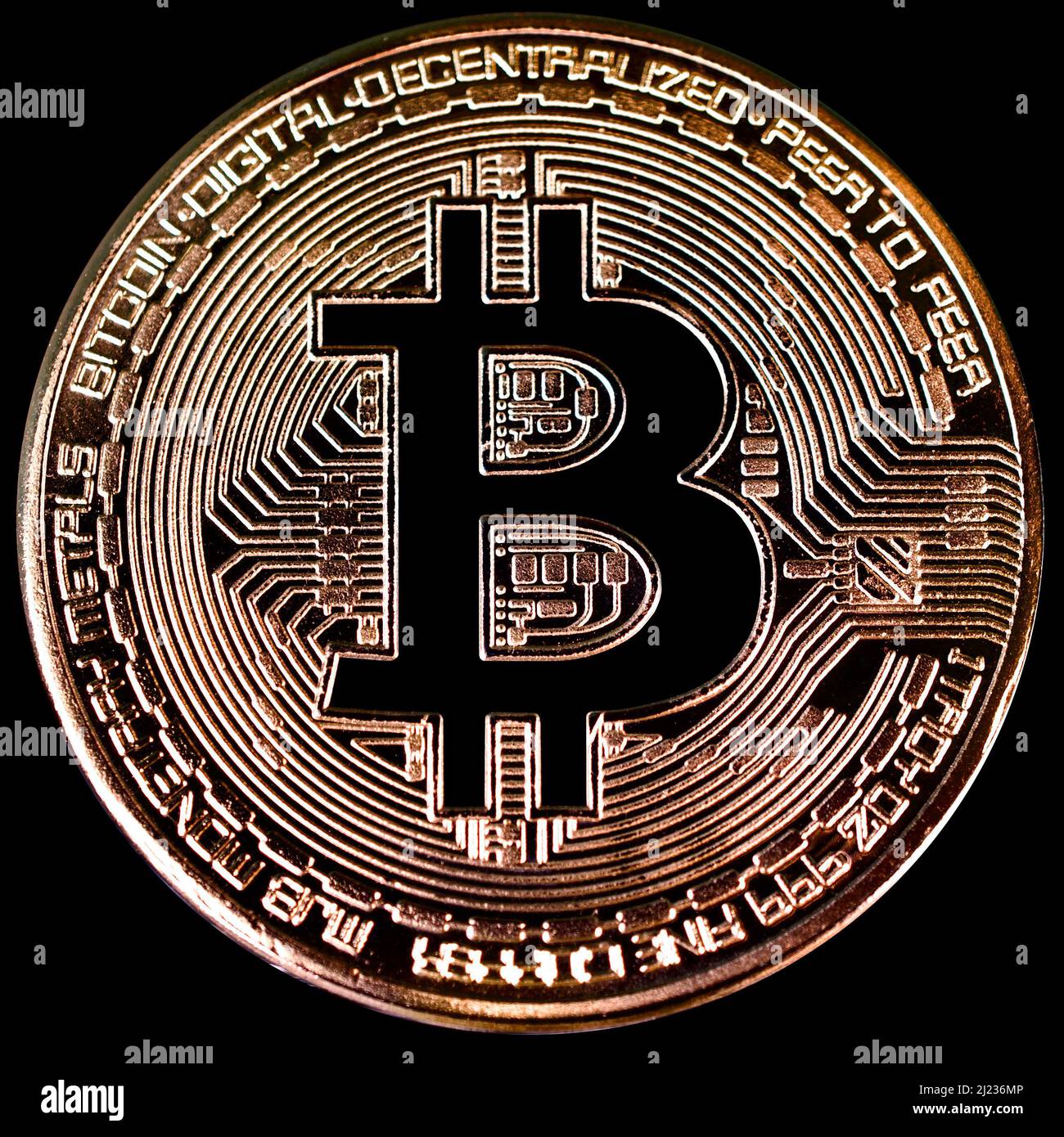 Gold coins with collaged bitcoin symbol isolated from white background ...