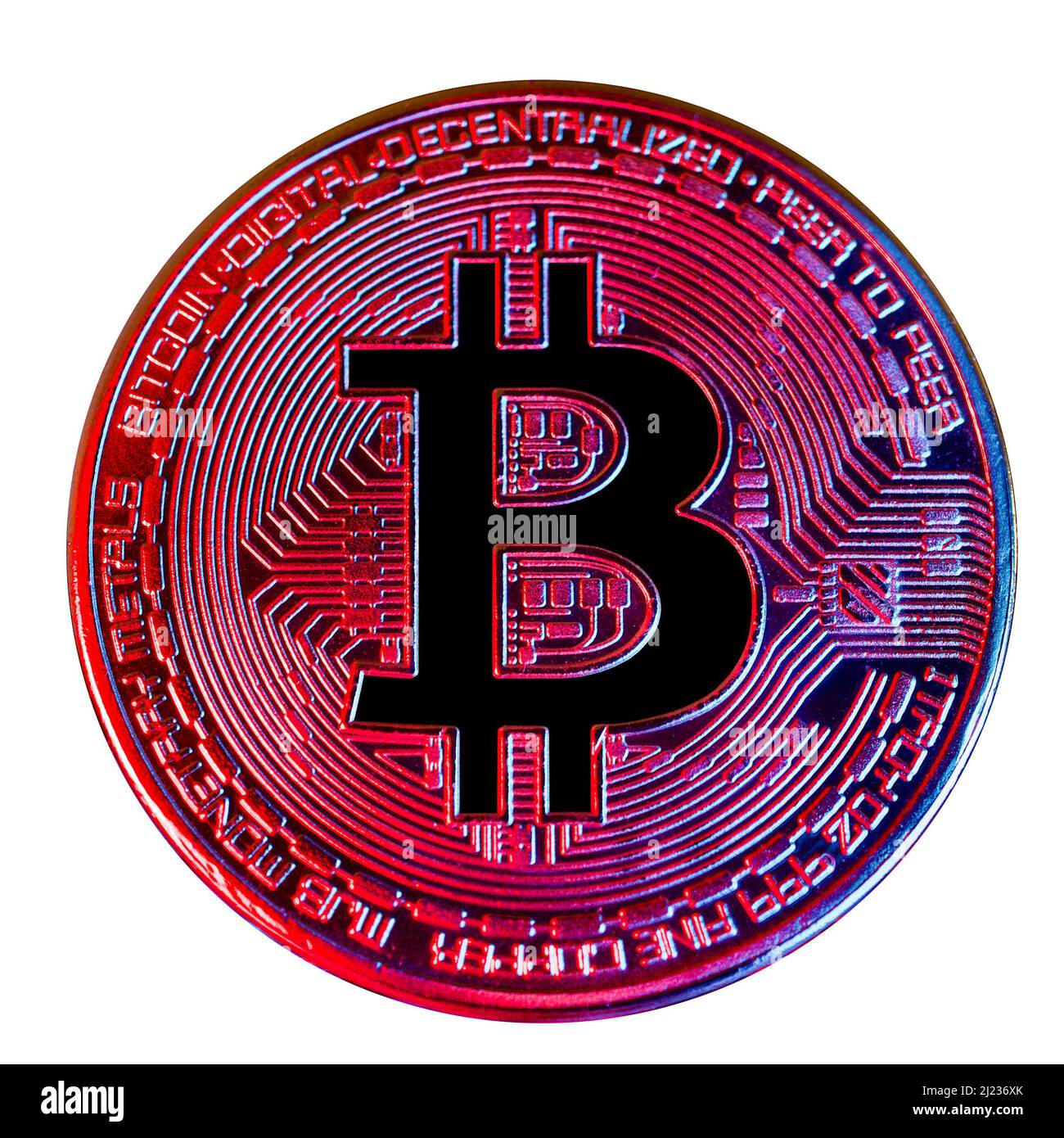 Gold coins with collaged bitcoin symbol isolated from white background ...