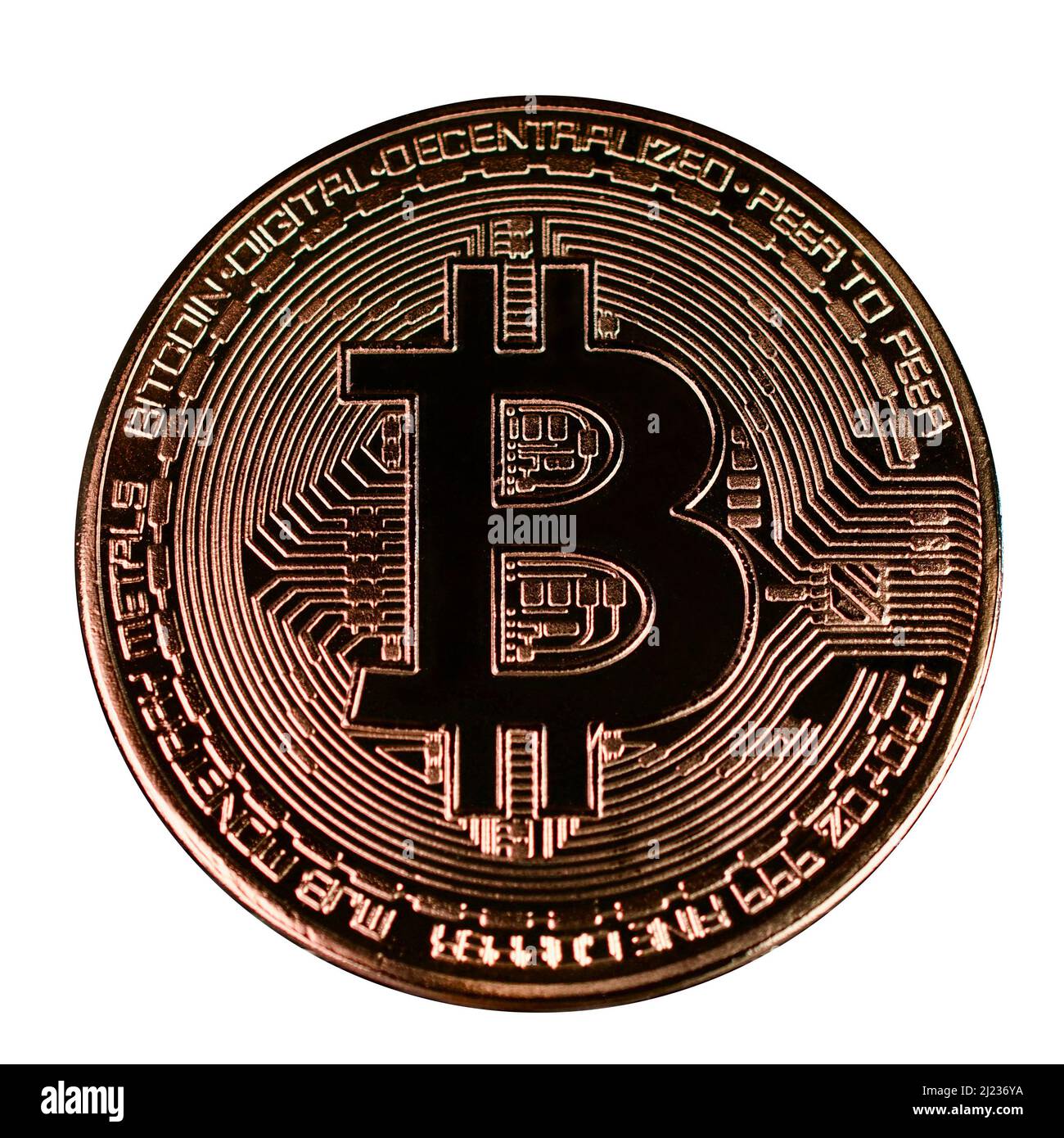 Gold coins with collaged bitcoin symbol isolated from white background ...