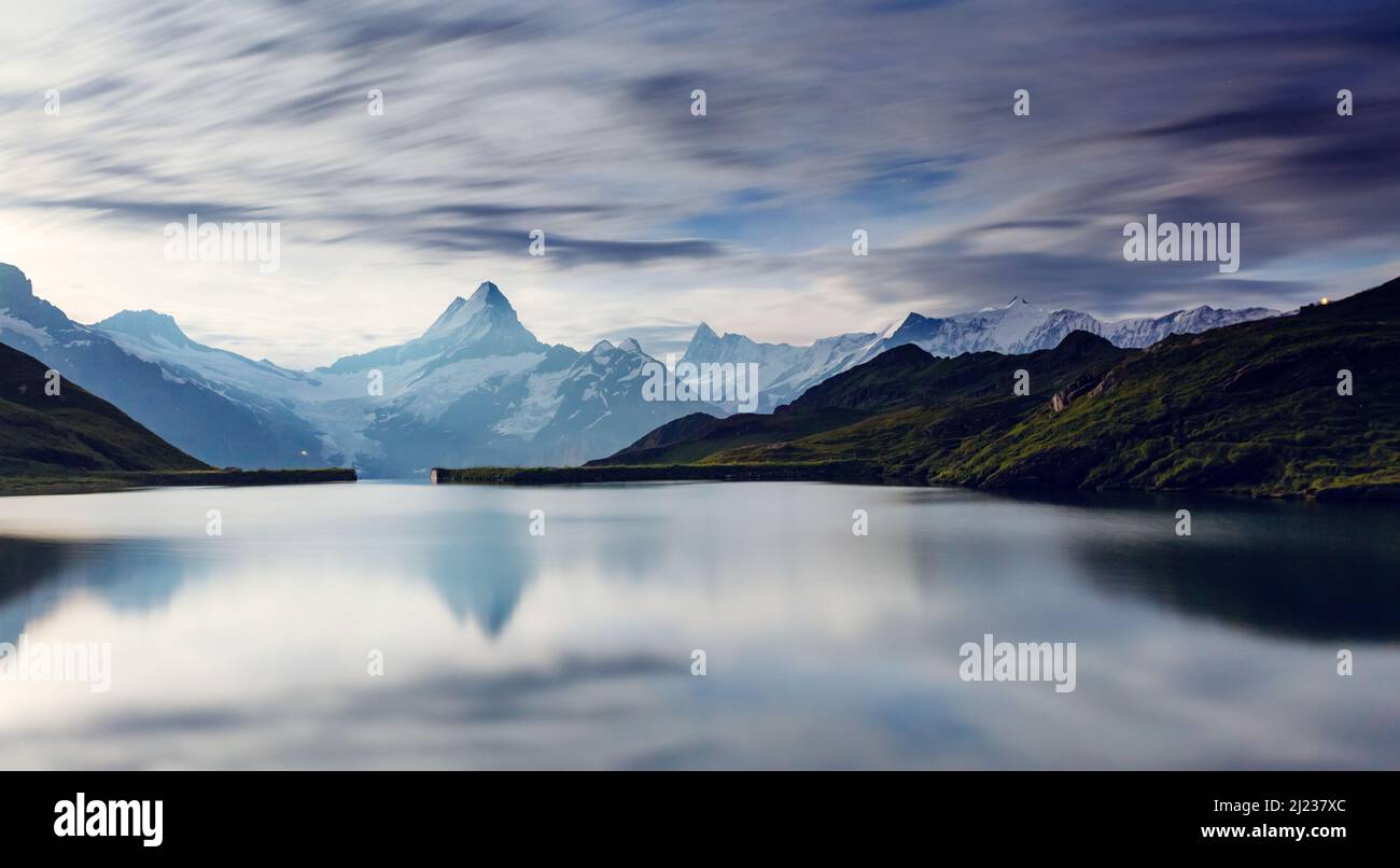 High mountain peaks glowing in the moonlight. Dramatic scene. Location ...