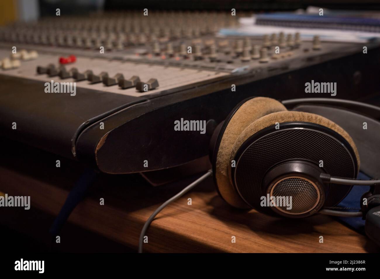 Accessories of music studio with microphones on wooden color tables ...
