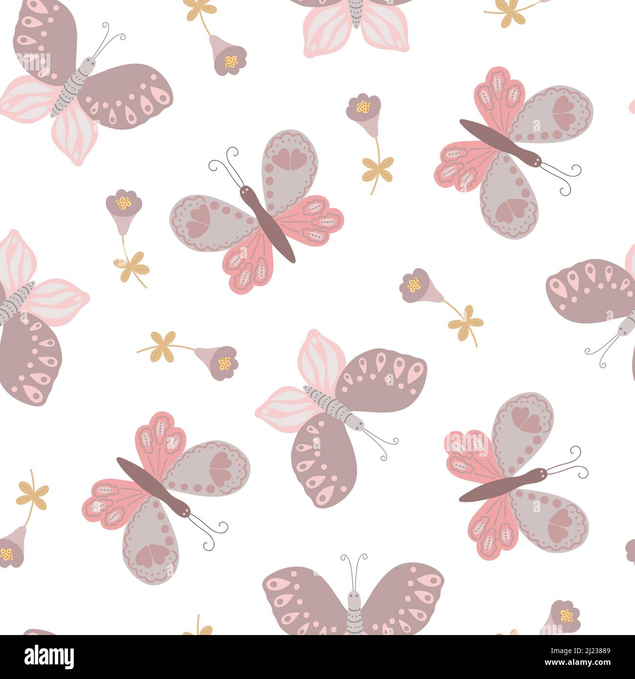 Fancy little pink butterfly, flower seamless pattern, simple flat ...
