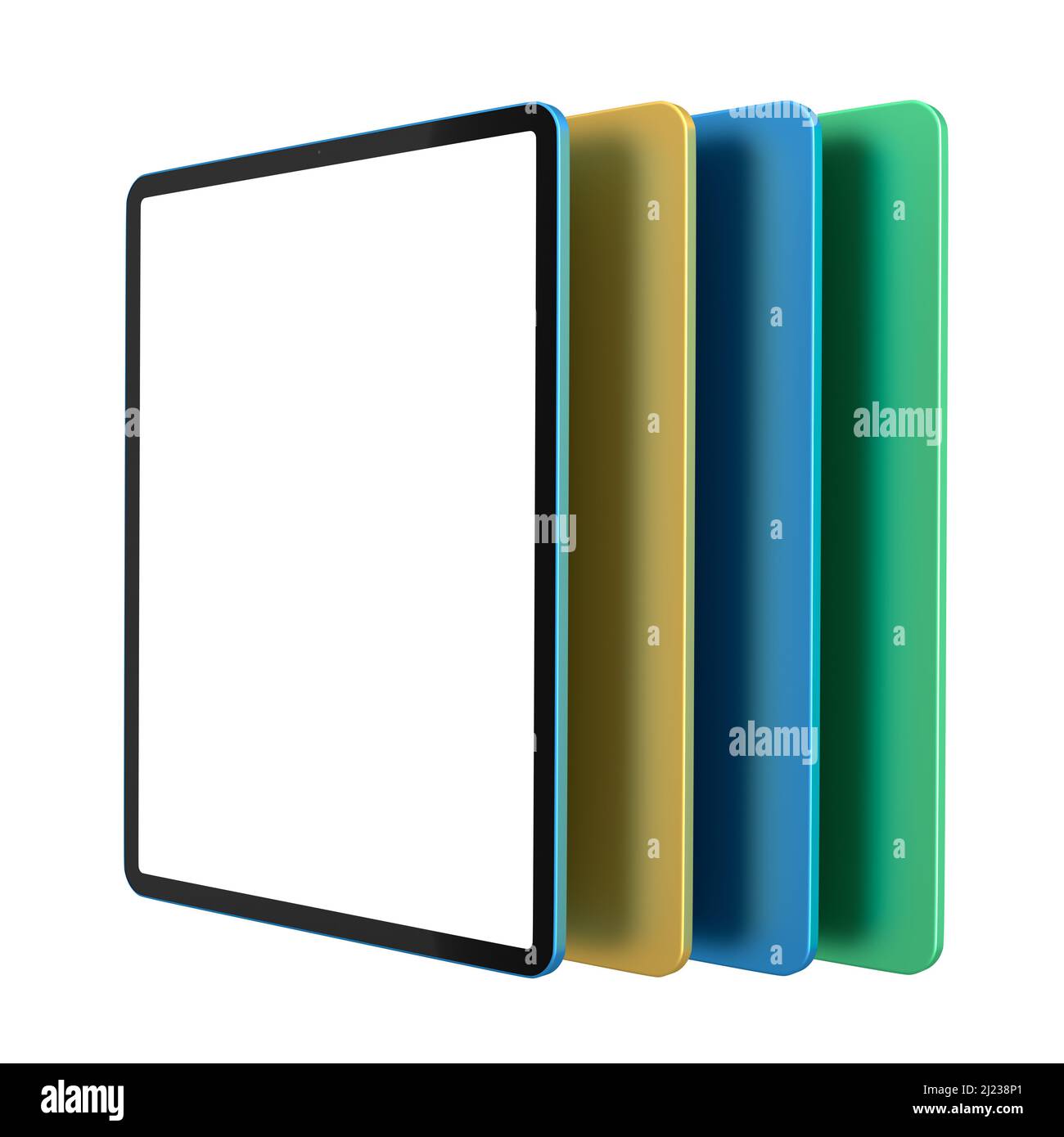 Set of computer tablets with cover case and blank screen isolated on ...