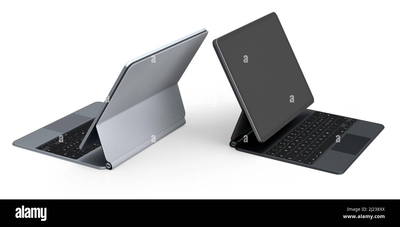 Set of computer tablets with keyboard and blank screen isolated on ...