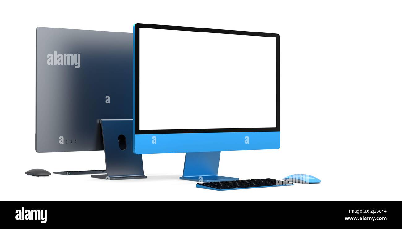 Desktop computer screen display with keyboard and mouse isolated on white background. 3D ...