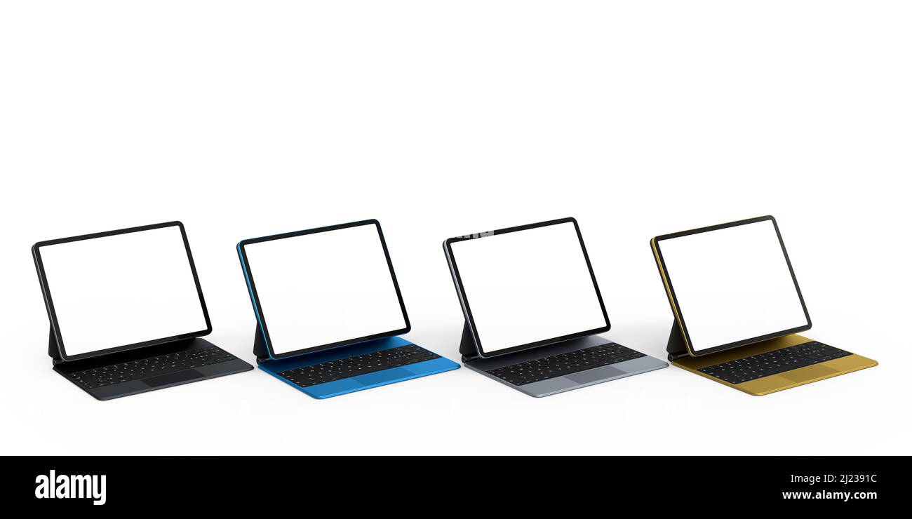 Set of computer tablets with keyboard and blank screen isolated on ...