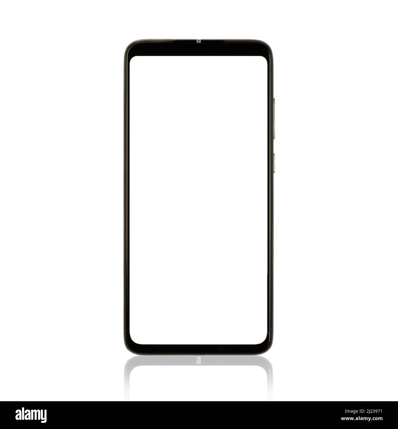 Smartphone isolated on white background. Mobile phone with blank white ...