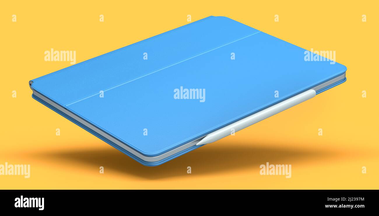 Computer tablet with blue cover case and pencil isolated on orange ...