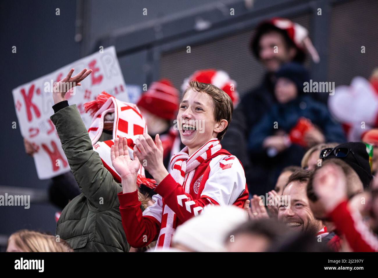 Copenhagen, Denmark. 29th Mar, 2022. Happy football fans of Denmark ...