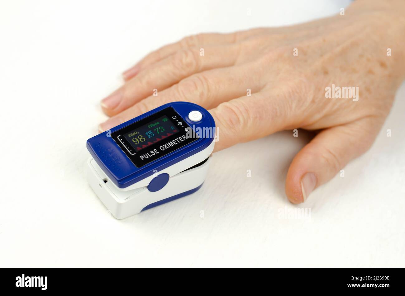 Pulse oximeter on the finger of an elderly woman. Measurement of ...