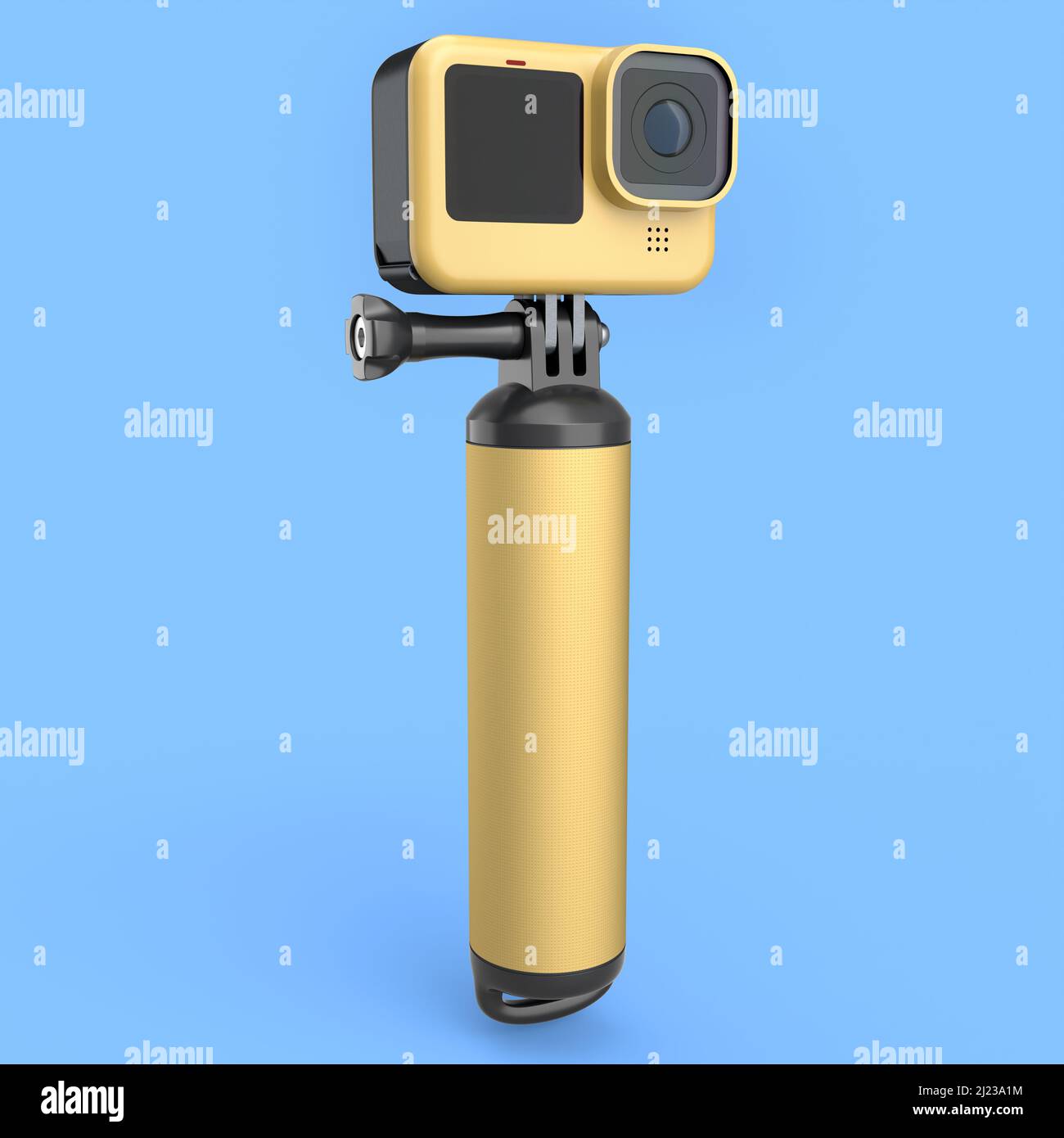 Photo and video lightweight yellow action camera with monopod on blue ...