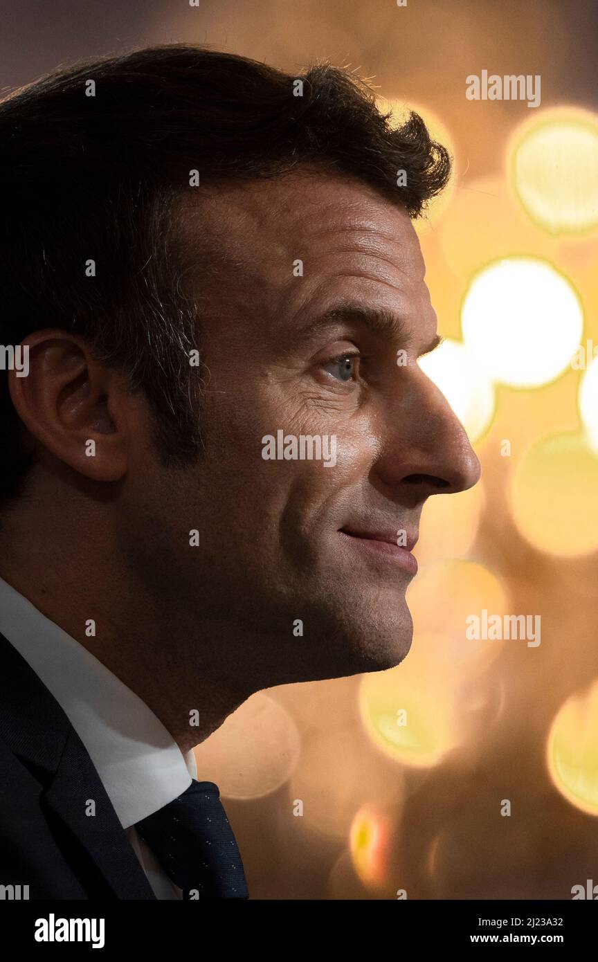 France's President Emmanuel Macron addresses a speech at the Elysee ...