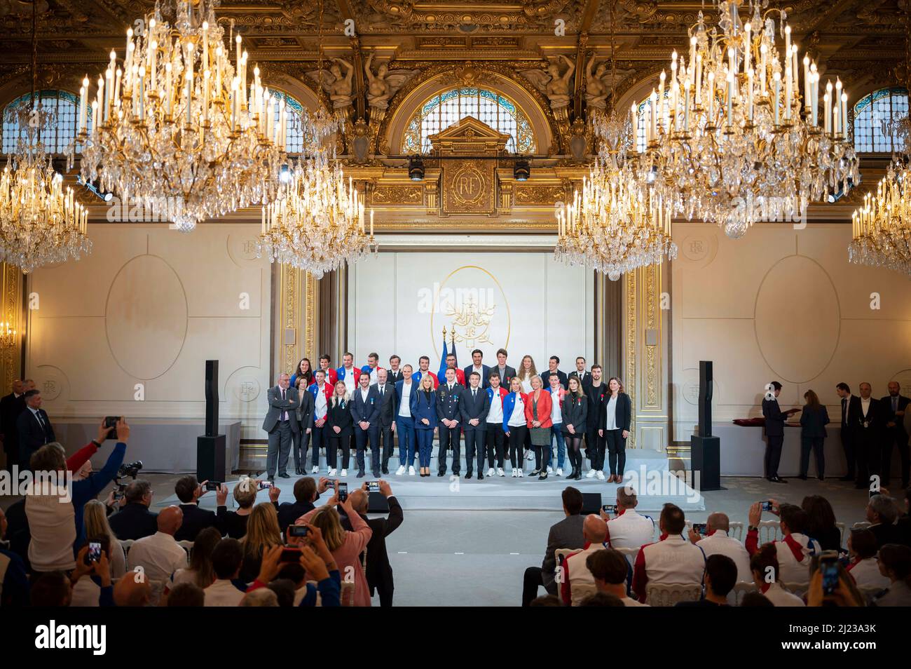 France's President Emmanuel Macron (C, R) and his wife Brigitte Macron ...