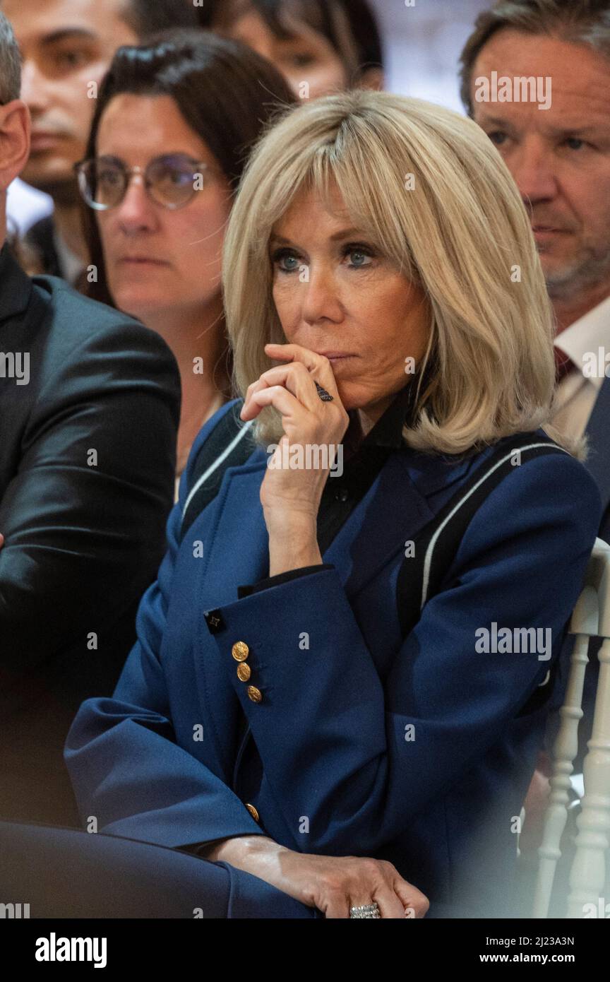 BRIGITTE MACRON during : France's President Emmanuel Macron addresses a ...