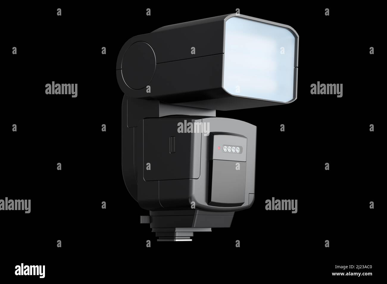 Camera external flash speedlight isolated on black background. 3D ...