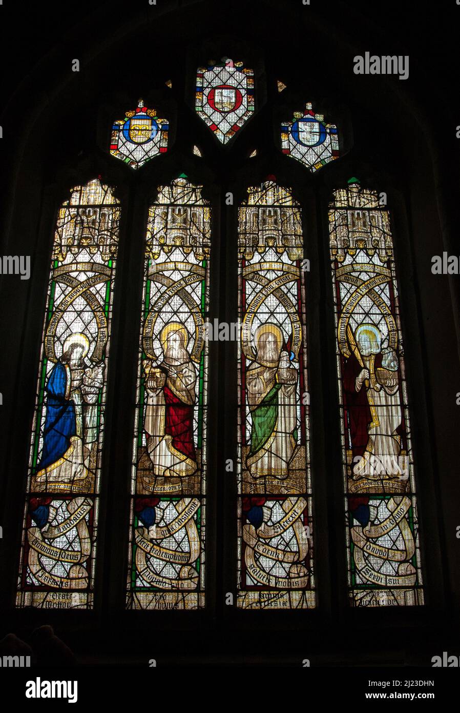 Stained glass window in the Parish Church of St.Neot, Cornwall Stock ...