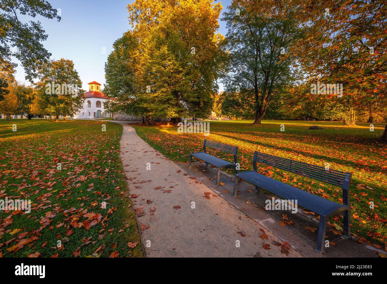 Autumn landscape, a park with sidewalk and benches at sunset.Budatin ...