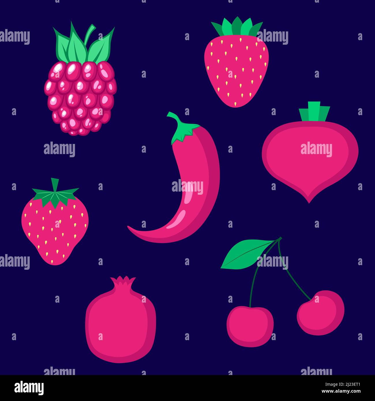 Set of organic fruits, vegetables and berries in pink colors. Healthy ...